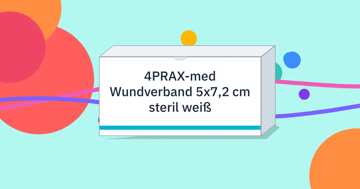 Symbolbild: Packung mit der Aufschrift 4PRAX-med Wundverband 5x7,2 cm steril weiß (PZN 20229874) – Verfügbarkeit und Bezug in Apotheken in Frankfurt am Main