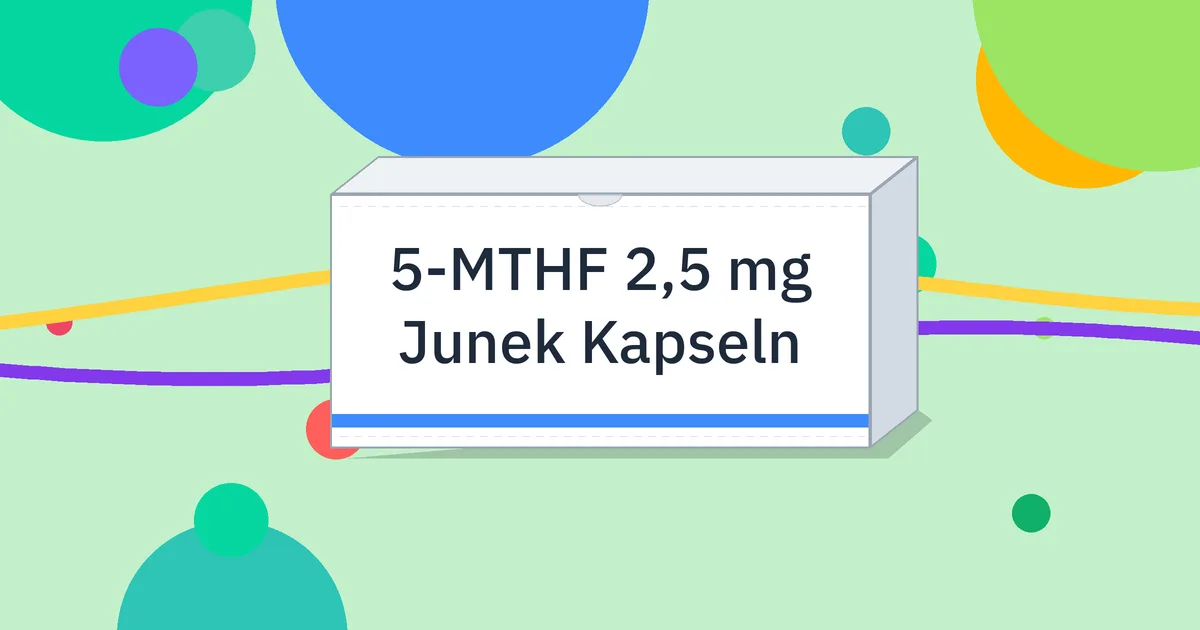 Symbolbild: Packung mit der Aufschrift 5-MTHF 2,5 mg Junek Kapseln (PZN 20078889) – Verfügbarkeit und Bezug in Apotheken in Frankfurt am Main
