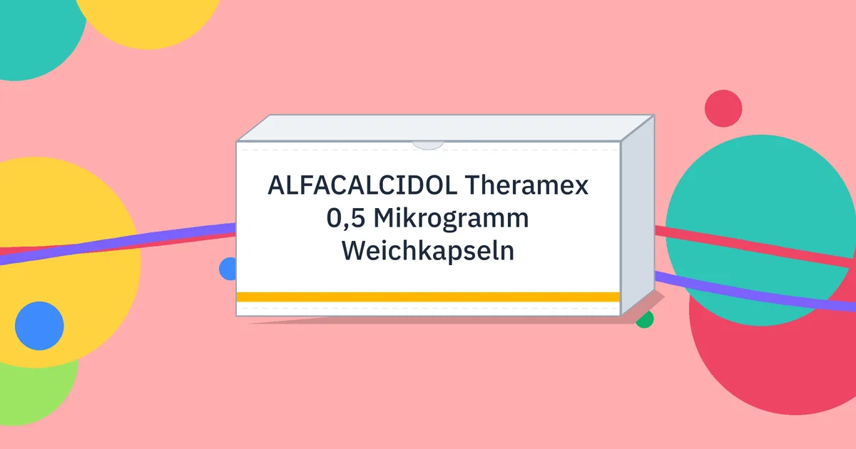 Symbolbild: Packung mit der Aufschrift ALFACALCIDOL Theramex 0,5 Mikrogramm Weichkapseln (PZN 17841844) – Verfügbarkeit und Bezug in Apotheken in Frankfurt am Main