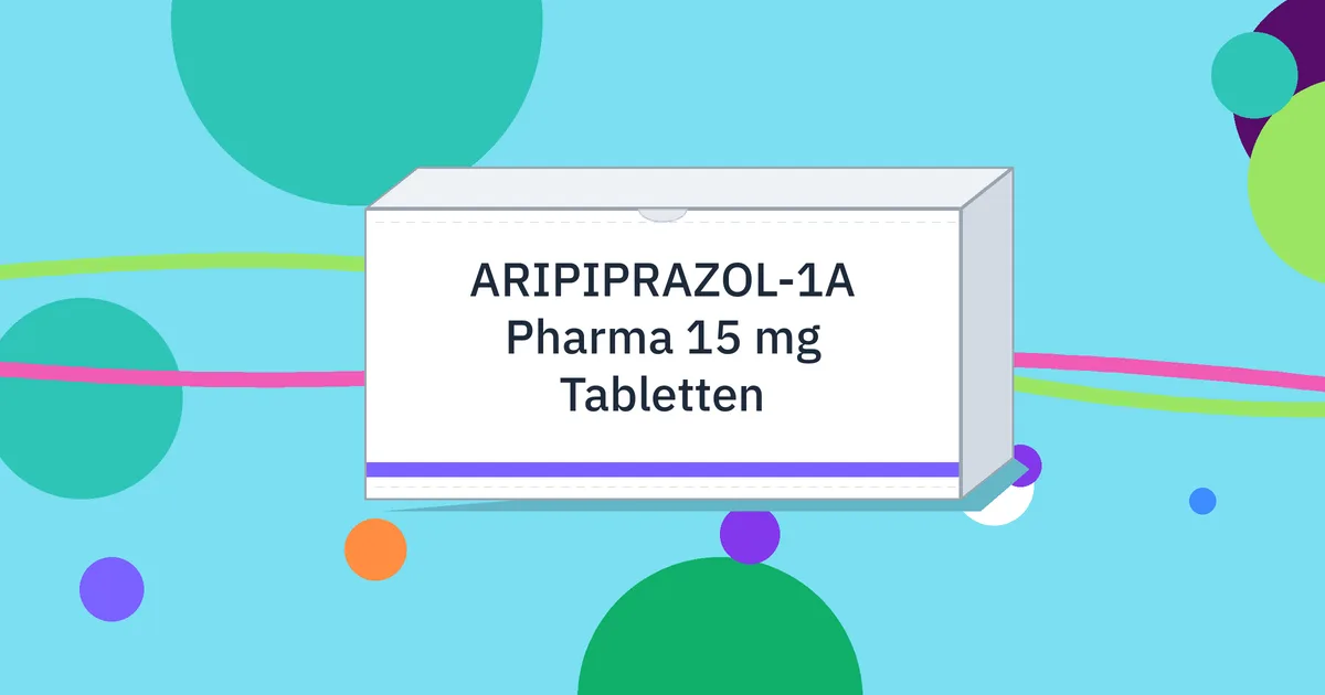 Symbolbild: Packung mit der Aufschrift ARIPIPRAZOL-1A Pharma 15 mg Tabletten (PZN 10842154) – Verfügbarkeit und Bezug in Apotheken in Frankfurt am Main