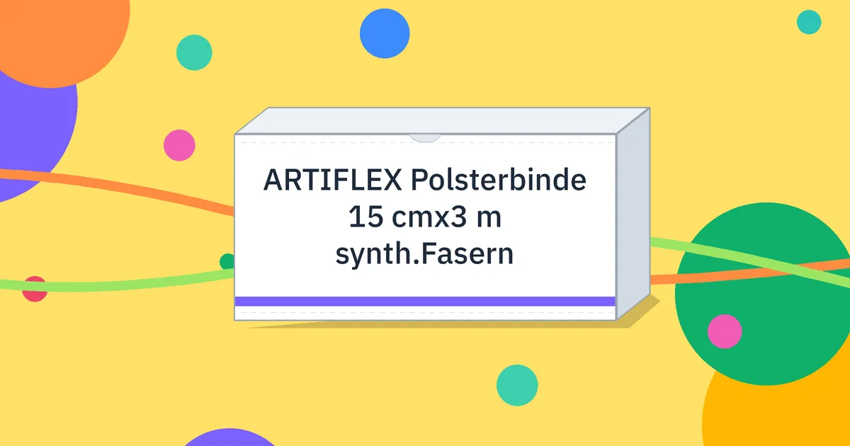 Symbolbild: Packung mit der Aufschrift ARTIFLEX Polsterbinde 15 cmx3 m synth.Fasern (PZN 19814679) – Verfügbarkeit und Bezug in Apotheken in Frankfurt am Main