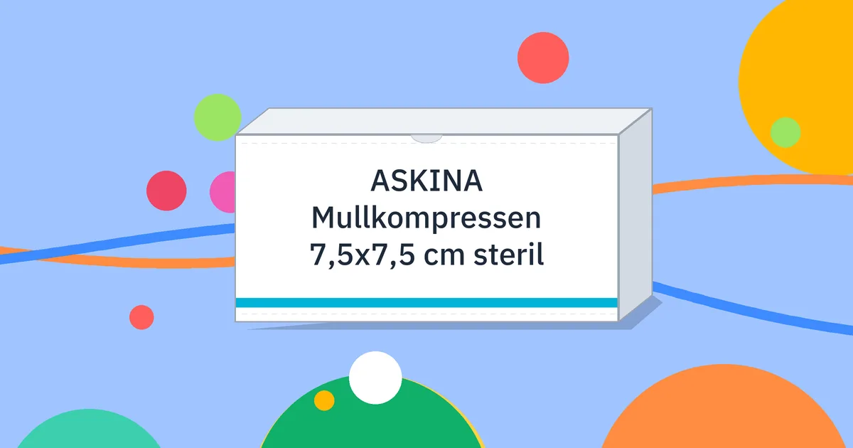 Symbolbild: Packung mit der Aufschrift ASKINA Mullkompressen 7,5x7,5 cm steril (PZN 06874438) – Verfügbarkeit und Bezug in Apotheken in Frankfurt am Main
