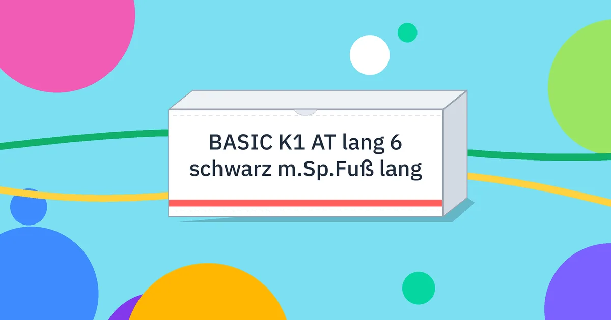 Symbolbild: Packung mit der Aufschrift BASIC K1 AT lang 6 schwarz m.Sp.Fuß lang (PZN 20263196) – Verfügbarkeit und Bezug in Apotheken in Frankfurt am Main