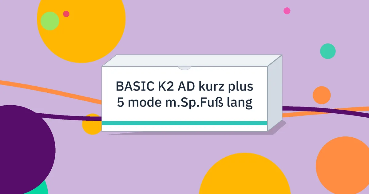 Symbolbild: Packung mit der Aufschrift BASIC K2 AD kurz plus 5 mode m.Sp.Fuß lang (PZN 20265574) – Verfügbarkeit und Bezug in Apotheken in Frankfurt am Main