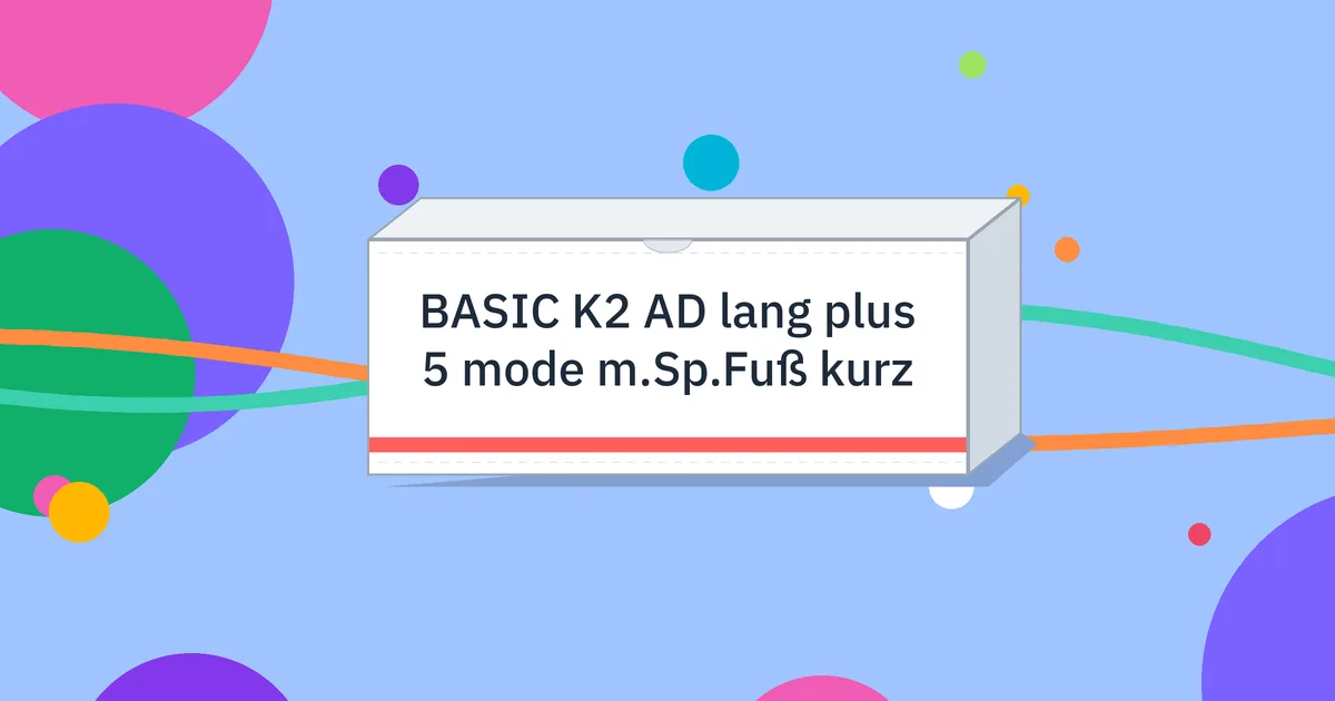 Symbolbild: Packung mit der Aufschrift BASIC K2 AD lang plus 5 mode m.Sp.Fuß kurz (PZN 20265539) – Verfügbarkeit und Bezug in Apotheken in Frankfurt am Main