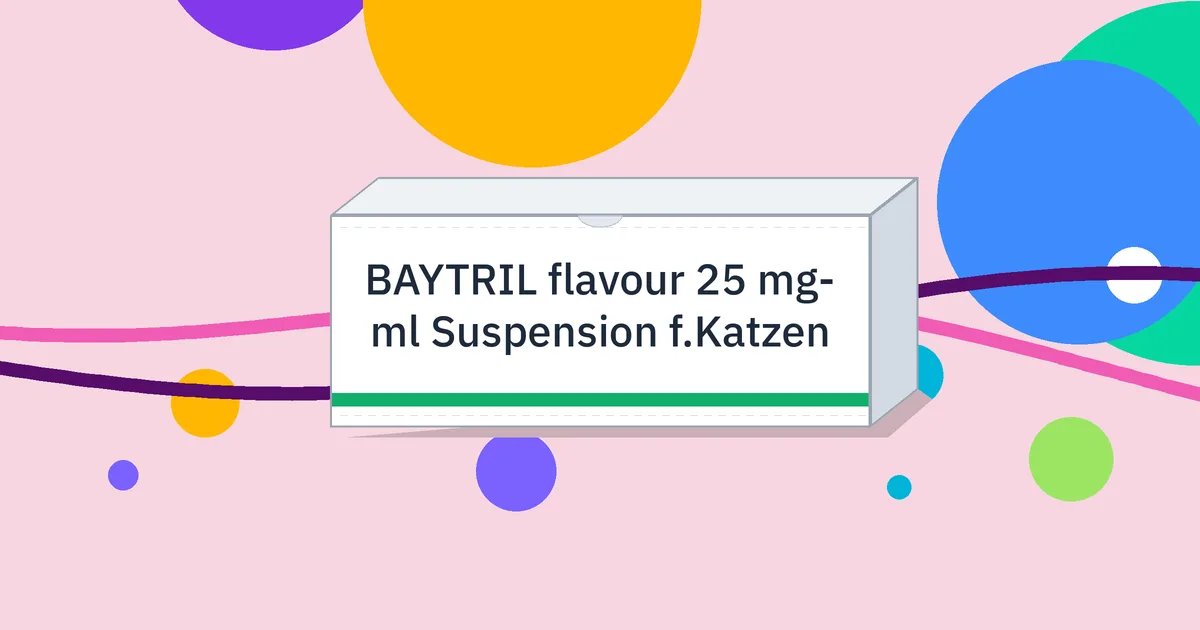 Symbolbild: Packung mit der Aufschrift BAYTRIL flavour 25 mg-ml Suspension f.Katzen (PZN 09089728) – Verfügbarkeit und Bezug in Apotheken in Frankfurt am Main