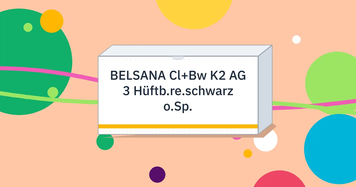 Symbolbild: Packung mit der Aufschrift BELSANA Cl+Bw K2 AG 3 Hüftb.re.schwarz o.Sp. (PZN 12254355) – Verfügbarkeit und Bezug in Apotheken in Frankfurt am Main