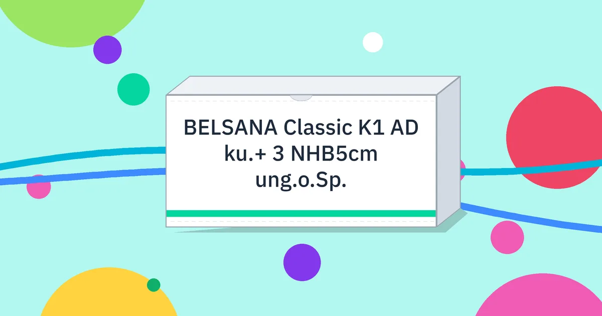 Symbolbild: Packung mit der Aufschrift BELSANA Classic K1 AD ku.+ 3 NHB5cm ung.o.Sp. (PZN 19255754) – Verfügbarkeit und Bezug in Apotheken in Frankfurt am Main