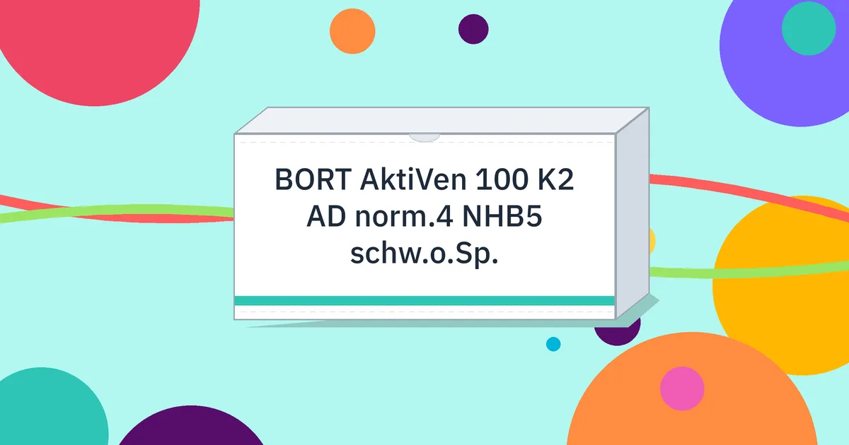 Symbolbild: Packung mit der Aufschrift BORT AktiVen 100 K2 AD norm.4 NHB5 schw.o.Sp. (PZN 17496850) – Verfügbarkeit und Bezug in Apotheken in Frankfurt am Main