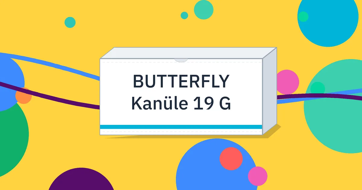 Symbolbild: Packung mit der Aufschrift BUTTERFLY Kanüle 19 G (PZN 01011879) – Verfügbarkeit und Bezug in Apotheken in Frankfurt am Main