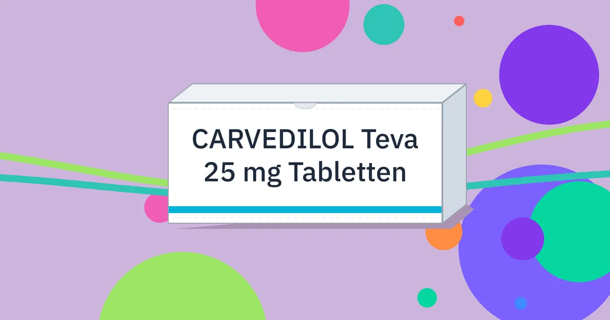 Symbolbild: Packung mit der Aufschrift CARVEDILOL Teva 25 mg Tabletten (PZN 01021694) – Verfügbarkeit und Bezug in Apotheken in Frankfurt am Main