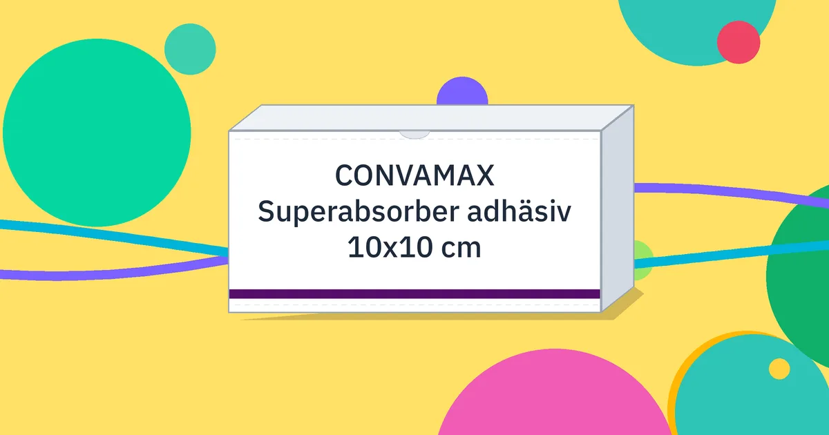 Symbolbild: Packung mit der Aufschrift CONVAMAX Superabsorber adhäsiv 10x10 cm (PZN 16833245) – Verfügbarkeit und Bezug in Apotheken in Frankfurt am Main