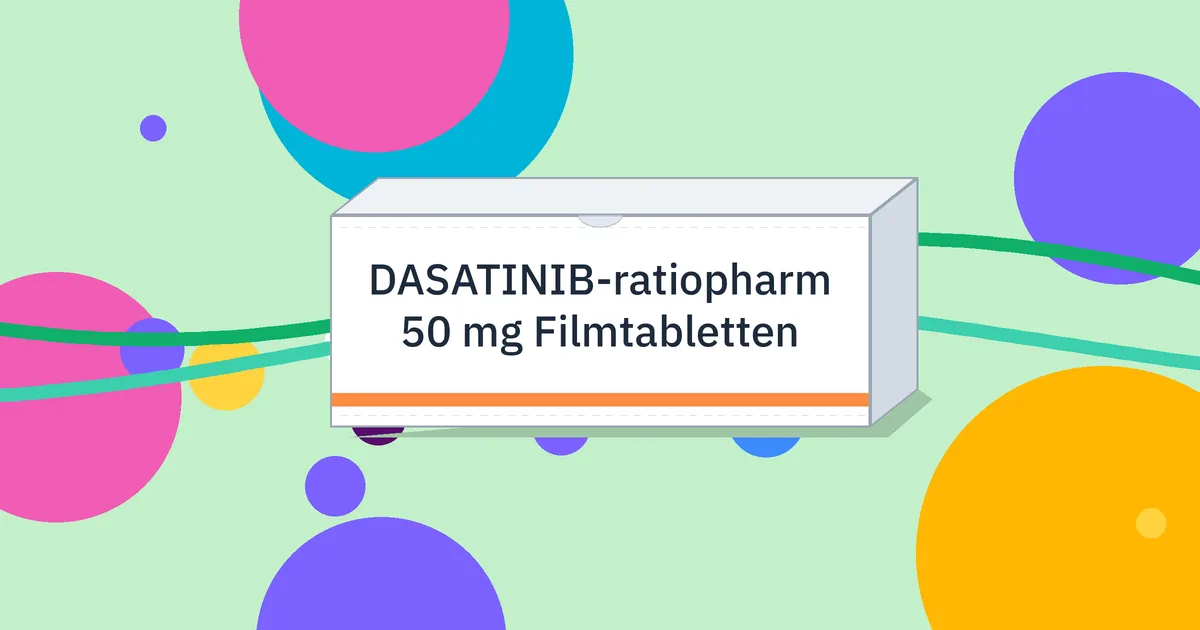 Symbolbild: Packung mit der Aufschrift DASATINIB-ratiopharm 50 mg Filmtabletten (PZN 16315088) – Verfügbarkeit und Bezug in Apotheken in Frankfurt am Main