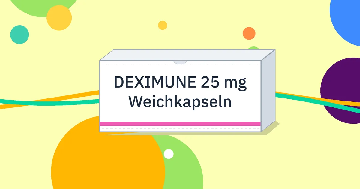 Symbolbild: Packung mit der Aufschrift DEXIMUNE 25 mg Weichkapseln (PZN 06056295) – Verfügbarkeit und Bezug in Apotheken in Frankfurt am Main