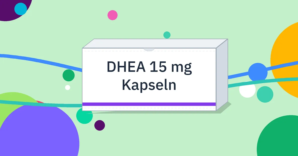 Symbolbild: Packung mit der Aufschrift DHEA 15 mg Kapseln (PZN 18471740) – Verfügbarkeit und Bezug in Apotheken in Frankfurt am Main
