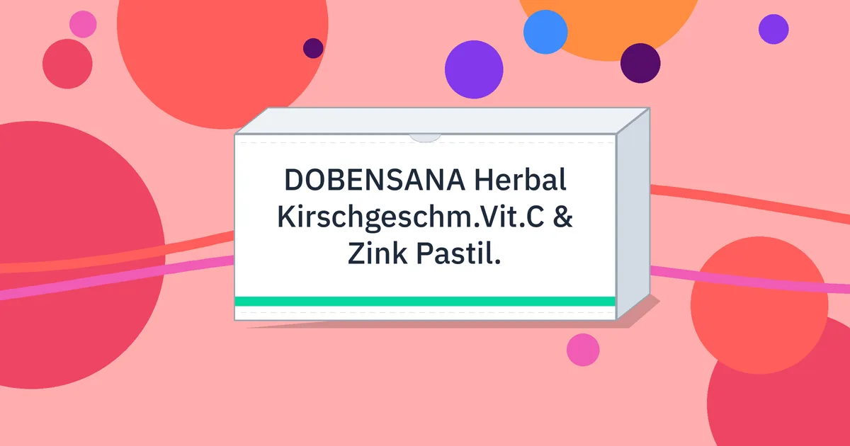 Symbolbild: Packung mit der Aufschrift DOBENSANA Herbal Kirschgeschm.Vit.C & Zink Pastil. (PZN 17457838) – Verfügbarkeit und Bezug in Apotheken in Frankfurt am Main