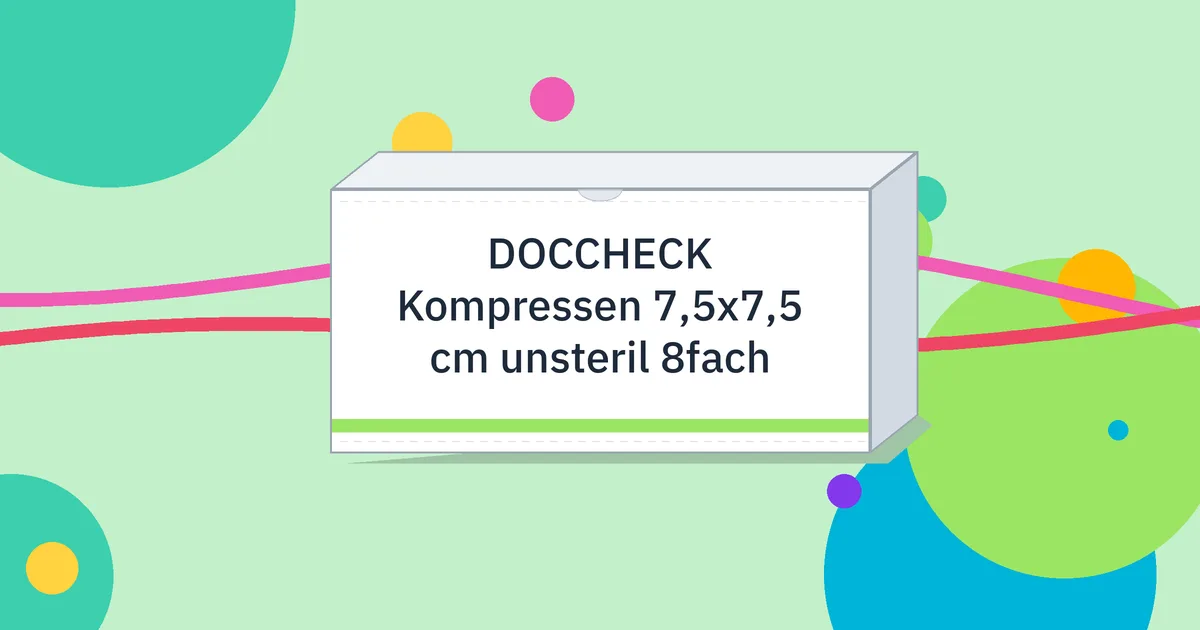 Symbolbild: Packung mit der Aufschrift DOCCHECK Kompressen 7,5x7,5 cm unsteril 8fach (PZN 09887648) – Verfügbarkeit und Bezug in Apotheken in Frankfurt am Main
