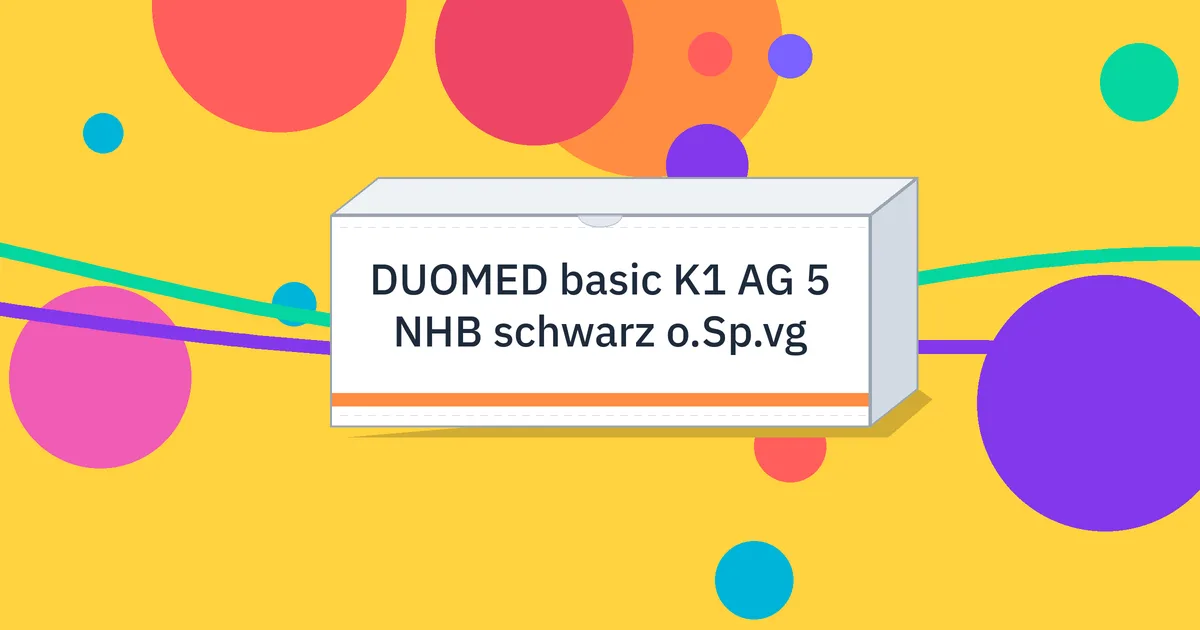 Symbolbild: Packung mit der Aufschrift DUOMED basic K1 AG 5 NHB schwarz o.Sp.vg (PZN 20905430) – Verfügbarkeit und Bezug in Apotheken in Frankfurt am Main
