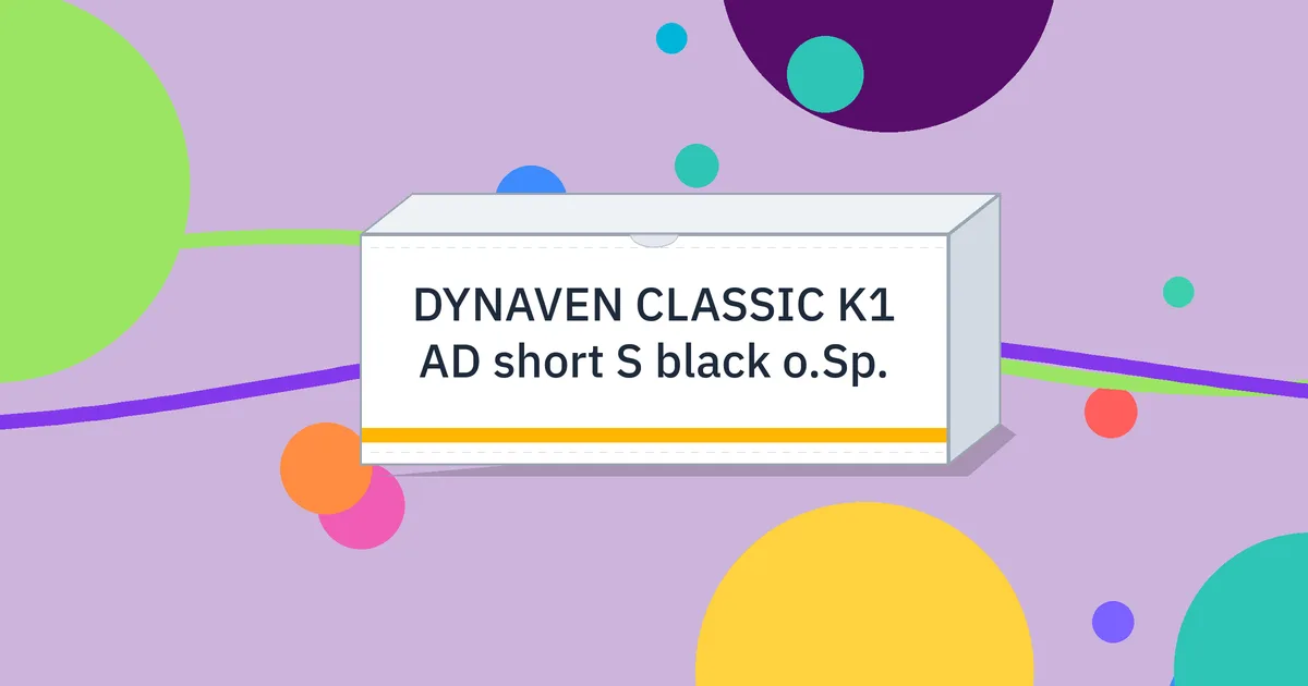Symbolbild: Packung mit der Aufschrift DYNAVEN CLASSIC K1 AD short S black o.Sp. (PZN 18414156) – Verfügbarkeit und Bezug in Apotheken in Frankfurt am Main