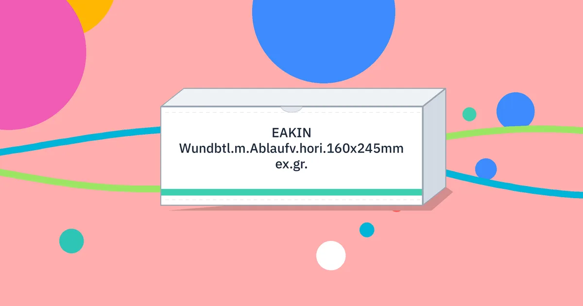 Symbolbild: Packung mit der Aufschrift EAKIN Wundbtl.m.Ablaufv.hori.160x245mm ex.gr. (PZN 05493243) – Verfügbarkeit und Bezug in Apotheken in Frankfurt am Main
