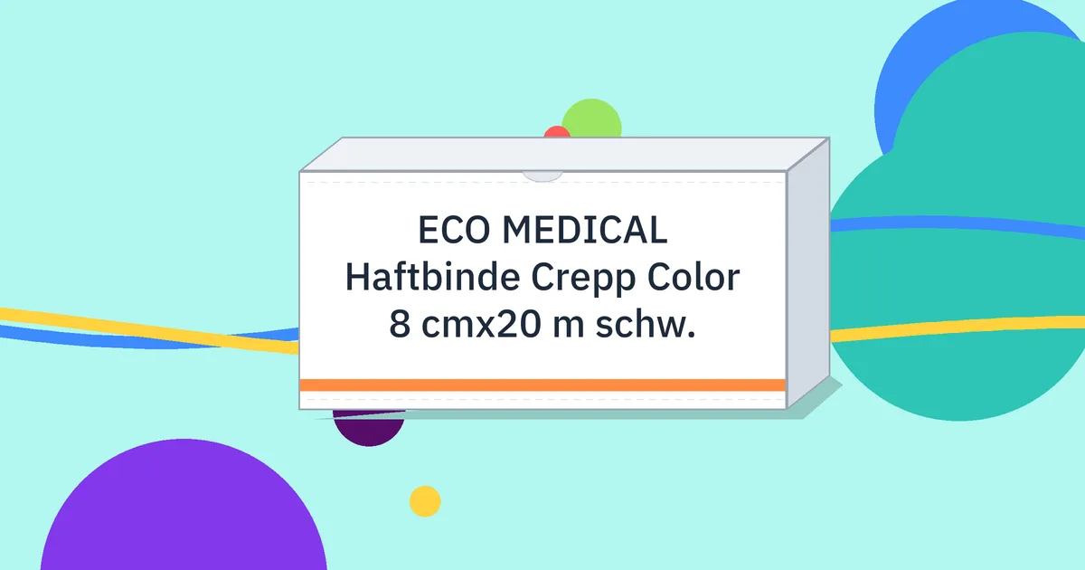 Symbolbild: Packung mit der Aufschrift ECO MEDICAL Haftbinde Crepp Color 8 cmx20 m schw. (PZN 00733151) – Verfügbarkeit und Bezug in Apotheken in Frankfurt am Main