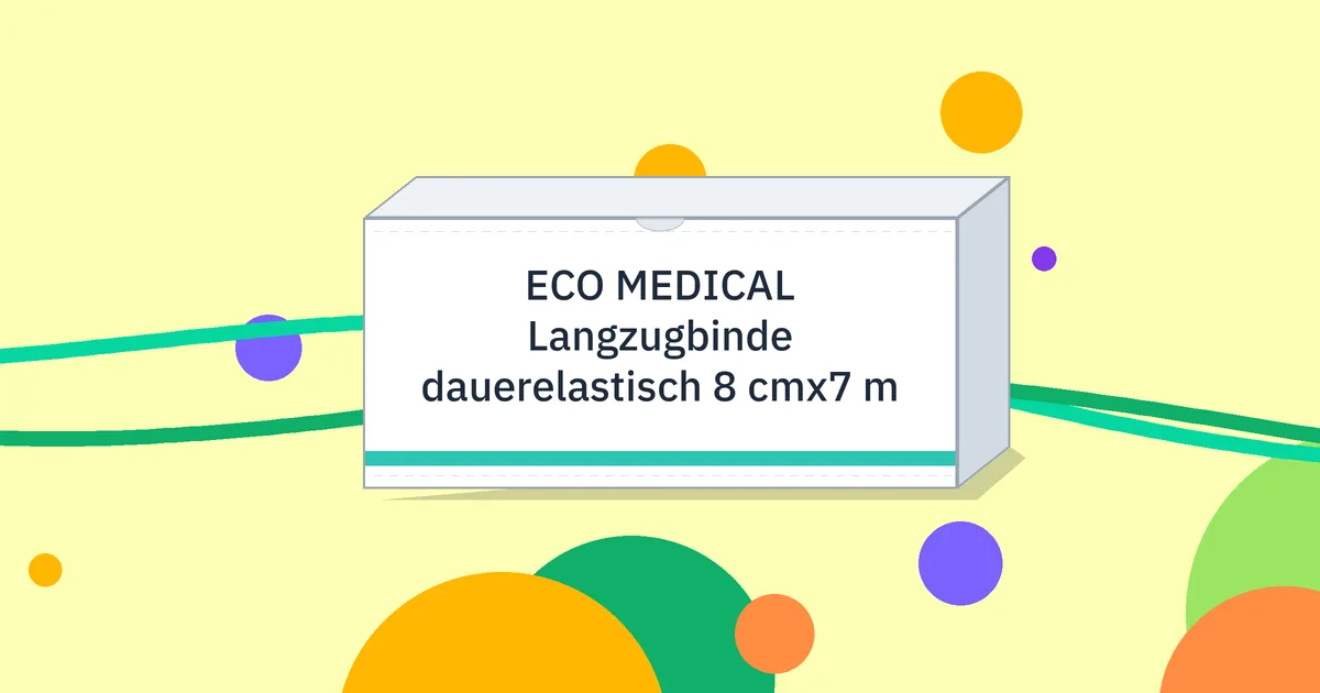 Symbolbild: Packung mit der Aufschrift ECO MEDICAL Langzugbinde dauerelastisch 8 cmx7 m (PZN 00743273) – Verfügbarkeit und Bezug in Apotheken in Frankfurt am Main