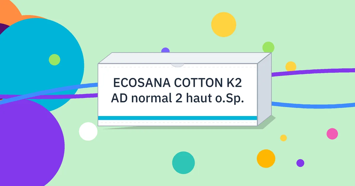 Symbolbild: Packung mit der Aufschrift ECOSANA COTTON K2 AD normal 2 haut o.Sp. (PZN 16947434) – Verfügbarkeit und Bezug in Apotheken in Frankfurt am Main