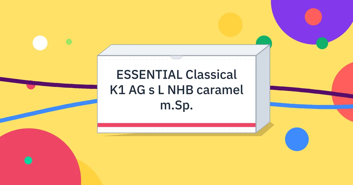 Symbolbild: Packung mit der Aufschrift ESSENTIAL Classical K1 AG s L NHB caramel m.Sp. (PZN 17010014) – Verfügbarkeit und Bezug in Apotheken in Frankfurt am Main