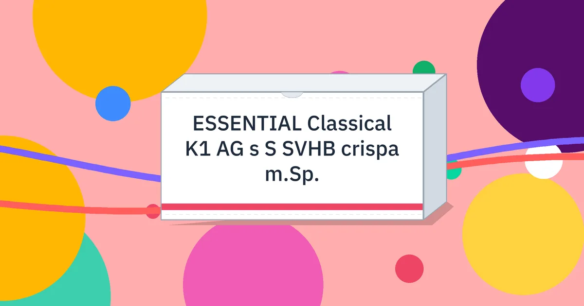 Symbolbild: Packung mit der Aufschrift ESSENTIAL Classical K1 AG s S SVHB crispa m.Sp. (PZN 18420754) – Verfügbarkeit und Bezug in Apotheken in Frankfurt am Main