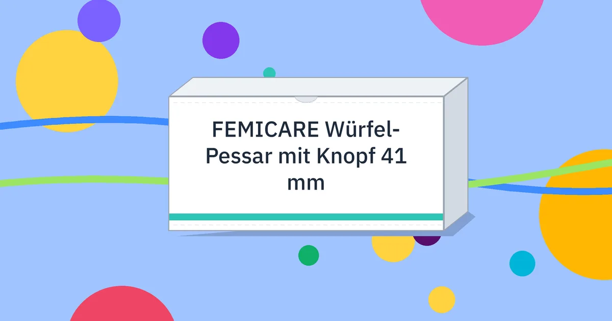 Symbolbild: Packung mit der Aufschrift FEMICARE Würfel-Pessar mit Knopf 41 mm (PZN 19335832) – Verfügbarkeit und Bezug in Apotheken in Frankfurt am Main