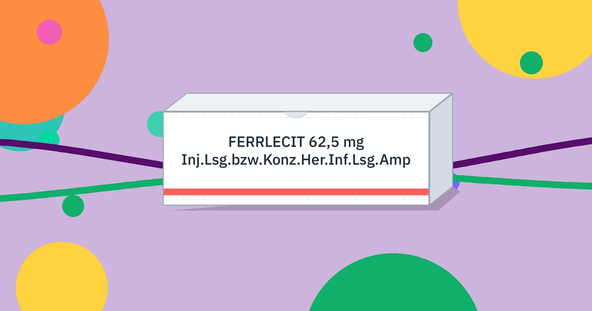 Symbolbild: Packung mit der Aufschrift FERRLECIT 62,5 mg Inj.Lsg.bzw.Konz.Her.Inf.Lsg.Amp (PZN 03075375) – Verfügbarkeit und Bezug in Apotheken in Frankfurt am Main