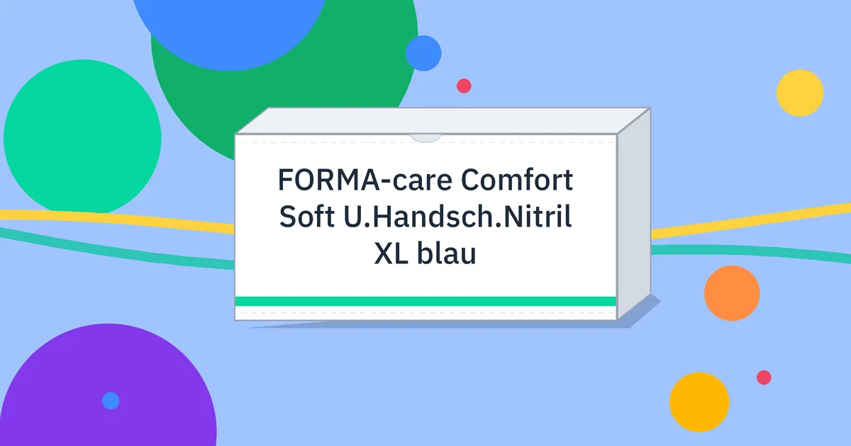 Symbolbild: Packung mit der Aufschrift FORMA-care Comfort Soft U.Handsch.Nitril XL blau (PZN 11642693) – Verfügbarkeit und Bezug in Apotheken in Frankfurt am Main