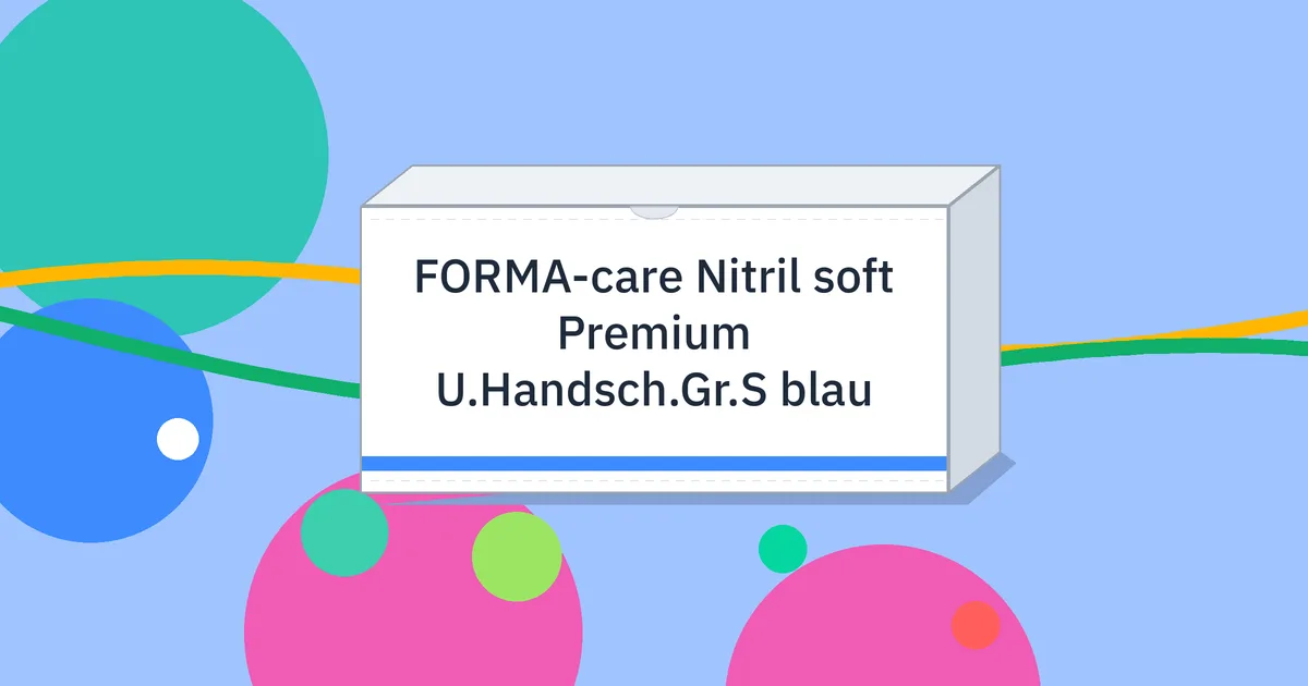 Symbolbild: Packung mit der Aufschrift FORMA-care Nitril soft Premium U.Handsch.Gr.S blau (PZN 15742960) – Verfügbarkeit und Bezug in Apotheken in Frankfurt am Main