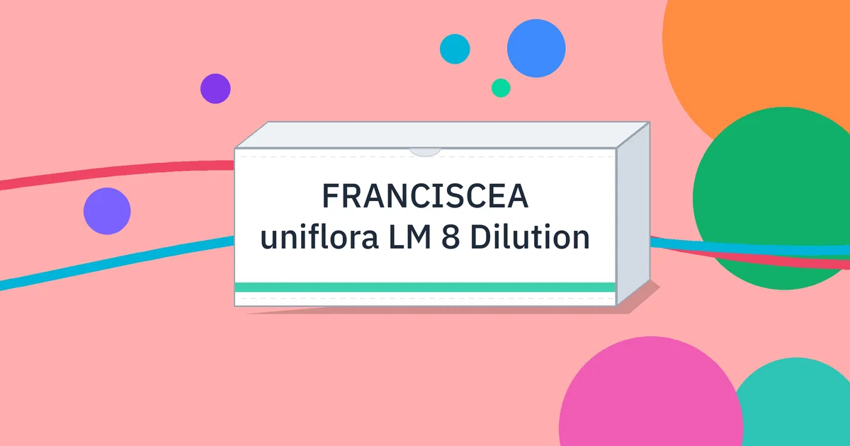 Symbolbild: Packung mit der Aufschrift FRANCISCEA uniflora LM 8 Dilution (PZN 13491057) – Verfügbarkeit und Bezug in Apotheken in Frankfurt am Main