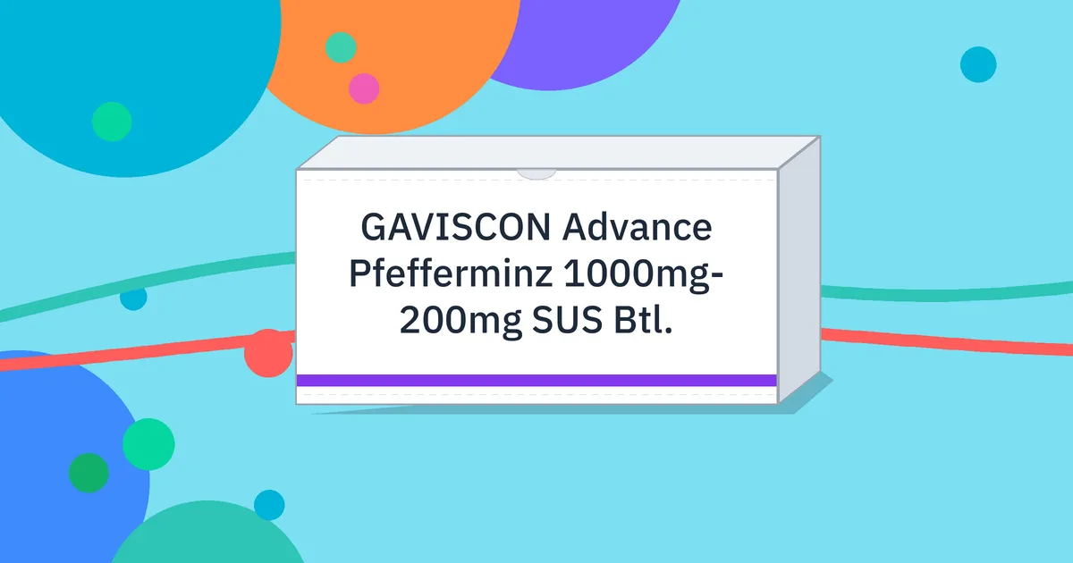 Symbolbild: Packung mit der Aufschrift GAVISCON Advance Pfefferminz 1000mg-200mg SUS Btl. (PZN 02240760) – Verfügbarkeit und Bezug in Apotheken in Frankfurt am Main