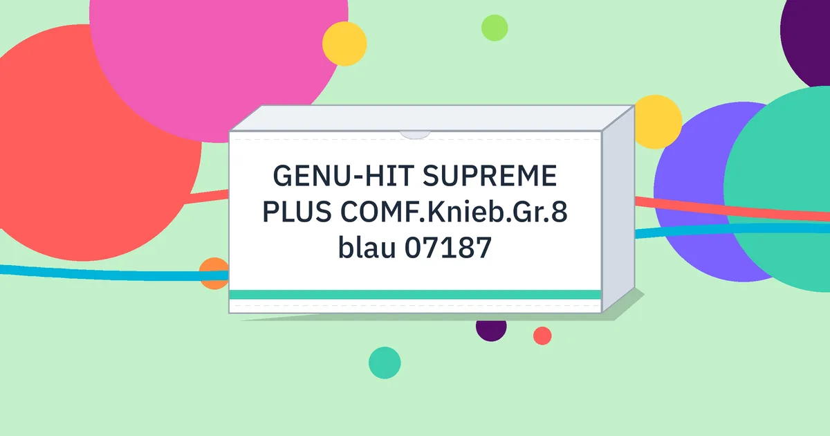 Symbolbild: Packung mit der Aufschrift GENU-HIT SUPREME PLUS COMF.Knieb.Gr.8 blau 07187 (PZN 18181551) – Verfügbarkeit und Bezug in Apotheken in Frankfurt am Main
