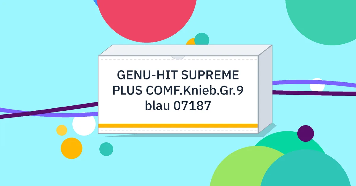 Symbolbild: Packung mit der Aufschrift GENU-HIT SUPREME PLUS COMF.Knieb.Gr.9 blau 07187 (PZN 18181568) – Verfügbarkeit und Bezug in Apotheken in Frankfurt am Main