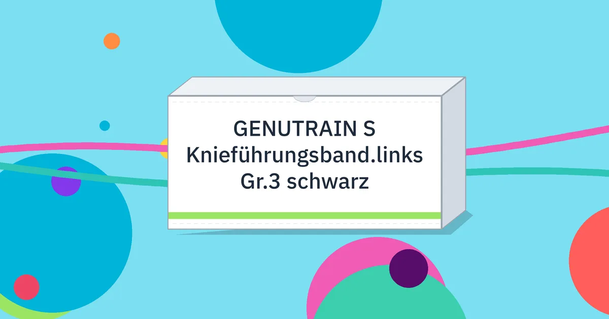 Symbolbild: Packung mit der Aufschrift GENUTRAIN S Knieführungsband.links Gr.3 schwarz (PZN 07551938) – Verfügbarkeit und Bezug in Apotheken in Frankfurt am Main