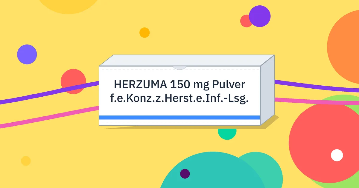 Symbolbild: Packung mit der Aufschrift HERZUMA 150 mg Pulver f.e.Konz.z.Herst.e.Inf.-Lsg. (PZN 19098697) – Verfügbarkeit und Bezug in Apotheken in Frankfurt am Main