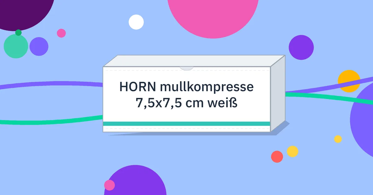 Symbolbild: Packung mit der Aufschrift HORN mullkompresse 7,5x7,5 cm weiß (PZN 04664582) – Verfügbarkeit und Bezug in Apotheken in Frankfurt am Main