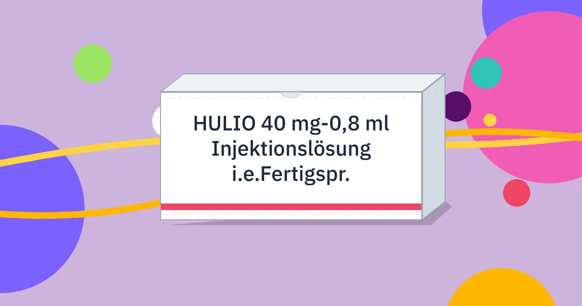 Symbolbild: Packung mit der Aufschrift HULIO 40 mg-0,8 ml Injektionslösung i.e.Fertigspr. (PZN 16868611) – Verfügbarkeit und Bezug in Apotheken in Frankfurt am Main