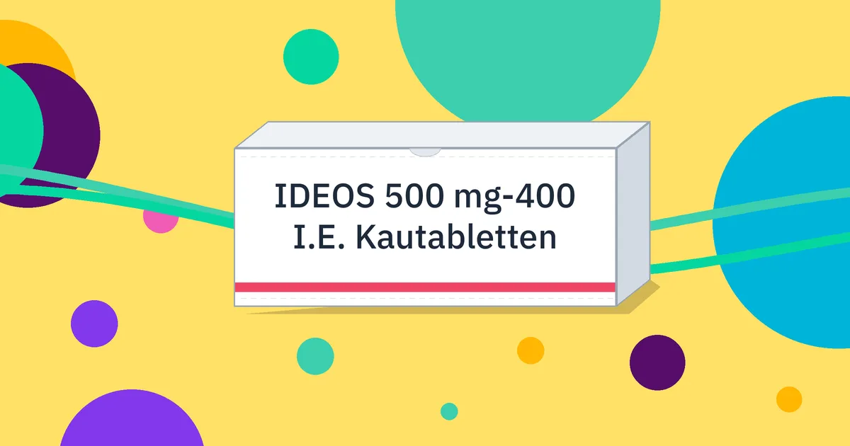 Symbolbild: Packung mit der Aufschrift IDEOS 500 mg-400 I.E. Kautabletten (PZN 11091164) – Verfügbarkeit und Bezug in Apotheken in Frankfurt am Main