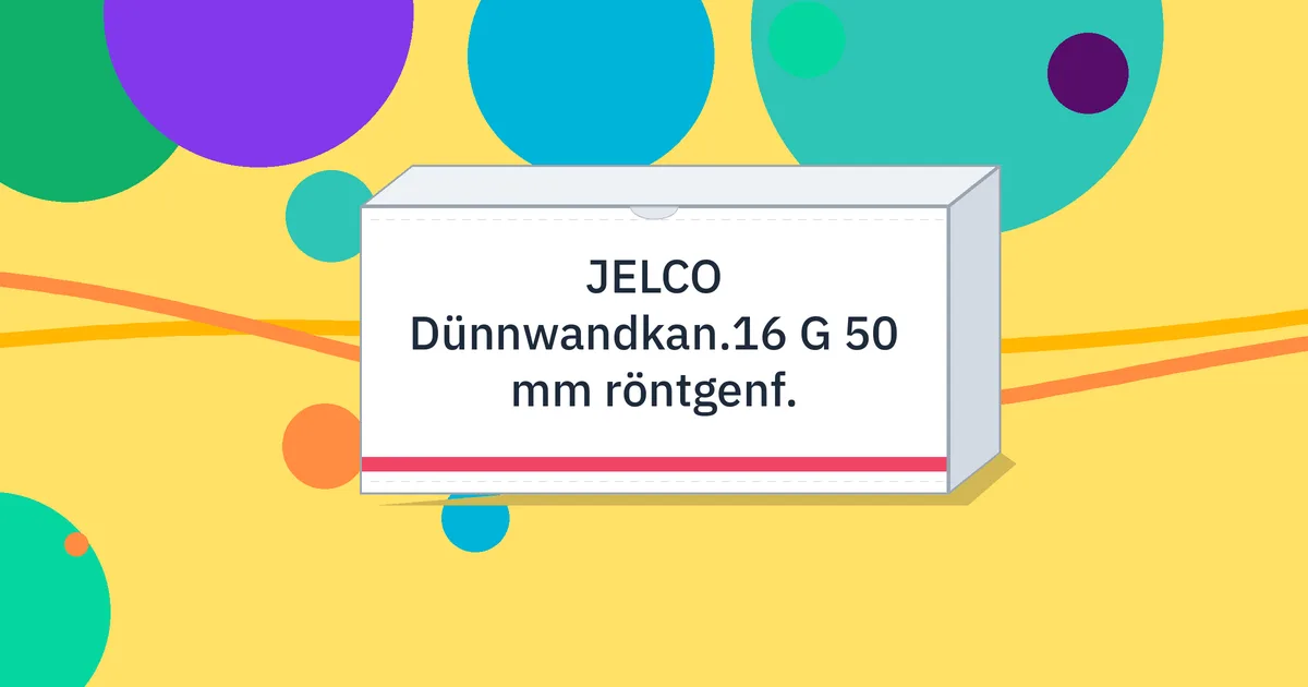 Symbolbild: Packung mit der Aufschrift JELCO Dünnwandkan.16 G 50 mm röntgenf. (PZN 09106378) – Verfügbarkeit und Bezug in Apotheken in Frankfurt am Main