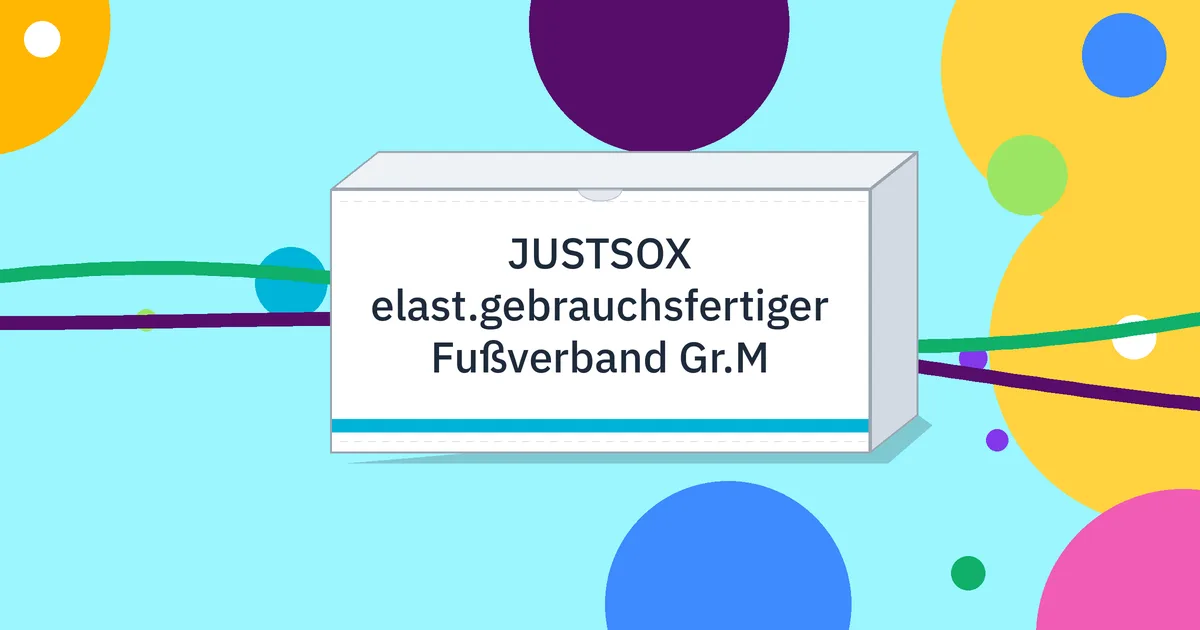 Symbolbild: Packung mit der Aufschrift JUSTSOX elast.gebrauchsfertiger Fußverband Gr.M (PZN 19180795) – Verfügbarkeit und Bezug in Apotheken in Frankfurt am Main