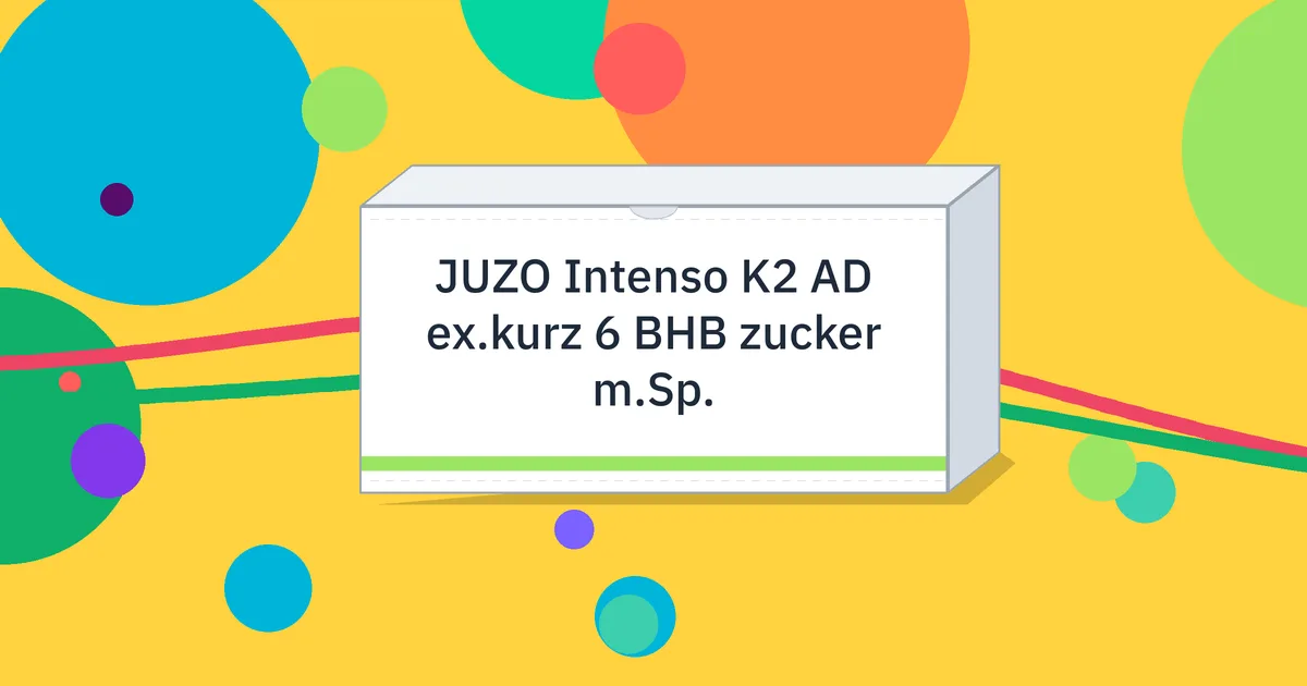 Symbolbild: Packung mit der Aufschrift JUZO Intenso K2 AD ex.kurz 6 BHB zucker m.Sp. (PZN 18614889) – Verfügbarkeit und Bezug in Apotheken in Frankfurt am Main