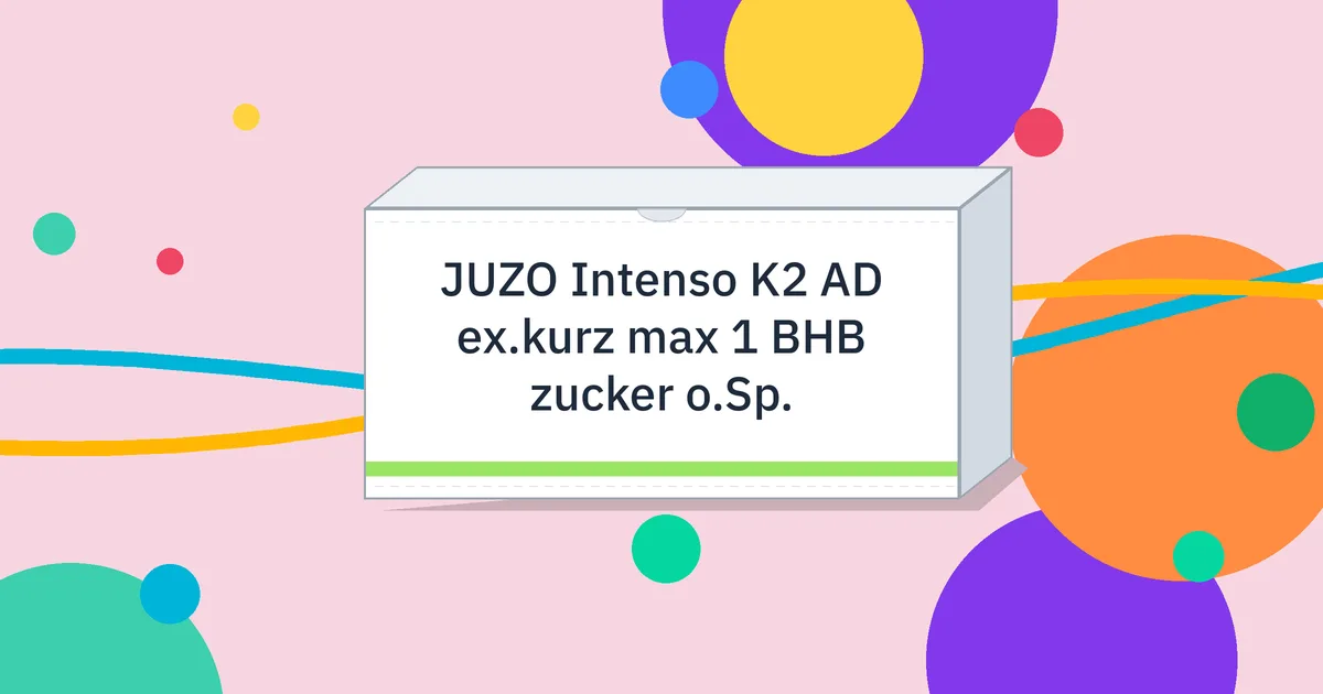 Symbolbild: Packung mit der Aufschrift JUZO Intenso K2 AD ex.kurz max 1 BHB zucker o.Sp. (PZN 18624184) – Verfügbarkeit und Bezug in Apotheken in Frankfurt am Main