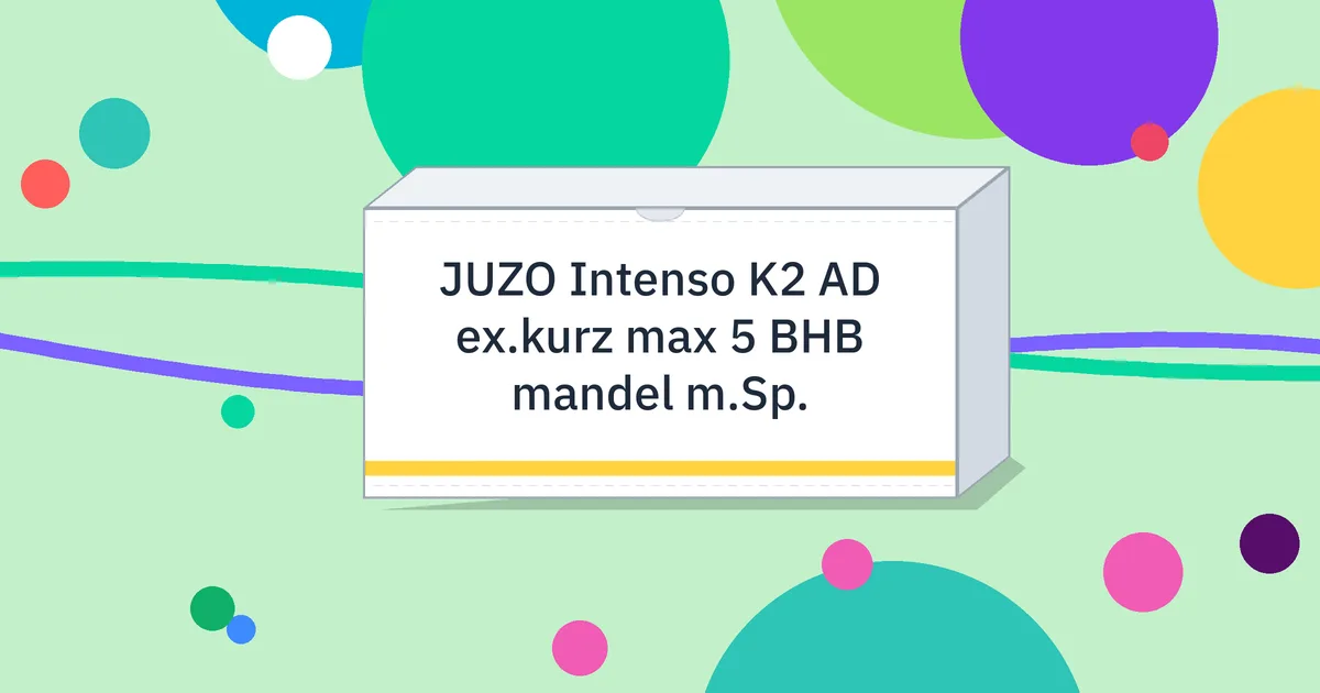 Symbolbild: Packung mit der Aufschrift JUZO Intenso K2 AD ex.kurz max 5 BHB mandel m.Sp. (PZN 18614062) – Verfügbarkeit und Bezug in Apotheken in Frankfurt am Main