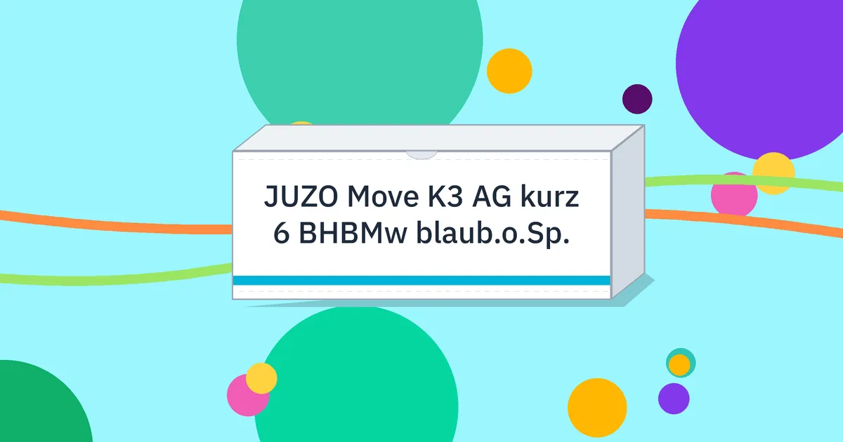 Symbolbild: Packung mit der Aufschrift JUZO Move K3 AG kurz 6 BHBMw blaub.o.Sp. (PZN 18594106) – Verfügbarkeit und Bezug in Apotheken in Frankfurt am Main