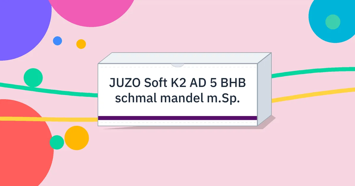 Symbolbild: Packung mit der Aufschrift JUZO Soft K2 AD 5 BHB schmal mandel m.Sp. (PZN 15465294) – Verfügbarkeit und Bezug in Apotheken in Frankfurt am Main