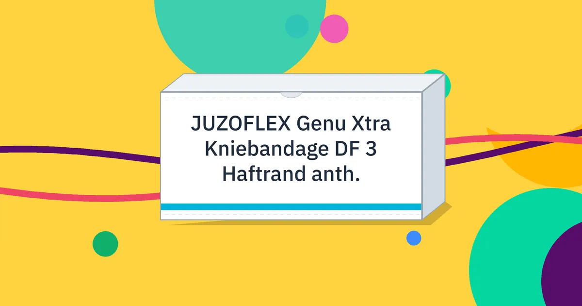 Symbolbild: Packung mit der Aufschrift JUZOFLEX Genu Xtra Kniebandage DF 3 Haftrand anth. (PZN 16497439) – Verfügbarkeit und Bezug in Apotheken in Frankfurt am Main